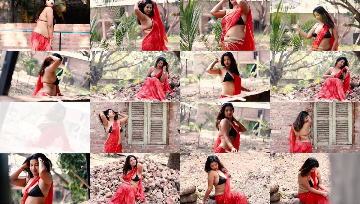 Naari Magazine Nandita in forest bikini blouse red saree exposin